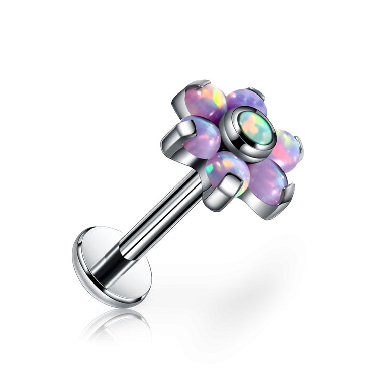 Flower-Shaped Labret in Titanium and Opal Stone – Sara Bird Tattoo